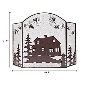 BestGiftEver 3-Panel Fireplace Screen Decorative with House Cabin Lodge Pine Cone Design - Stand Alone Fireplace Cover Metal Mesh Screen - Home Decorative Firescreen forRustic Western Country Style
