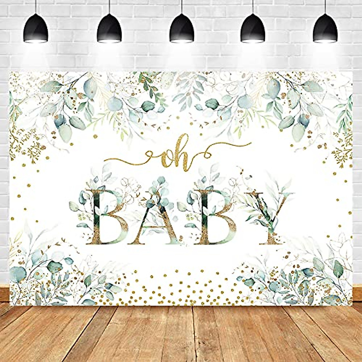 Mocsicka Greenery Baby Shower Backdrop Oh Baby Green Eucalyptus Leaves Baby in Bloom Party Decorations Gold Glitter Dots Boy Baby Shower Photography Backdrops (7x5ft)
