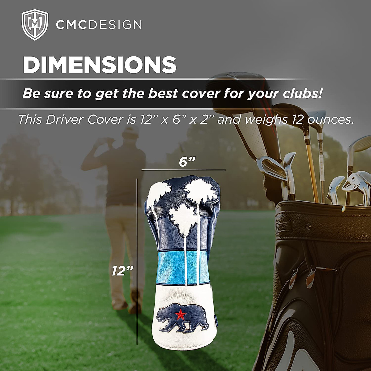 CMC Design Custom Cali Pines Embroidered Golf Driver Head Cover - Glove Soft Lining - Design Elements Include Applique and Embossing - Great Fit on Any Club as Golf Head Covers, Wood Driver Cover