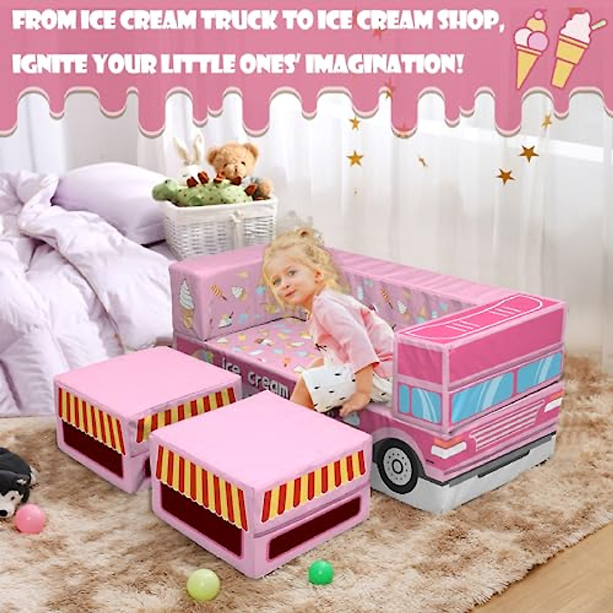 Kids Couch Sofa Toddler Modular Couch for Bedroom Playroom, Fold Out Couch Sofa Set for Imaginative Boy Girl, Convertible Toddler Couch with Washable Covers