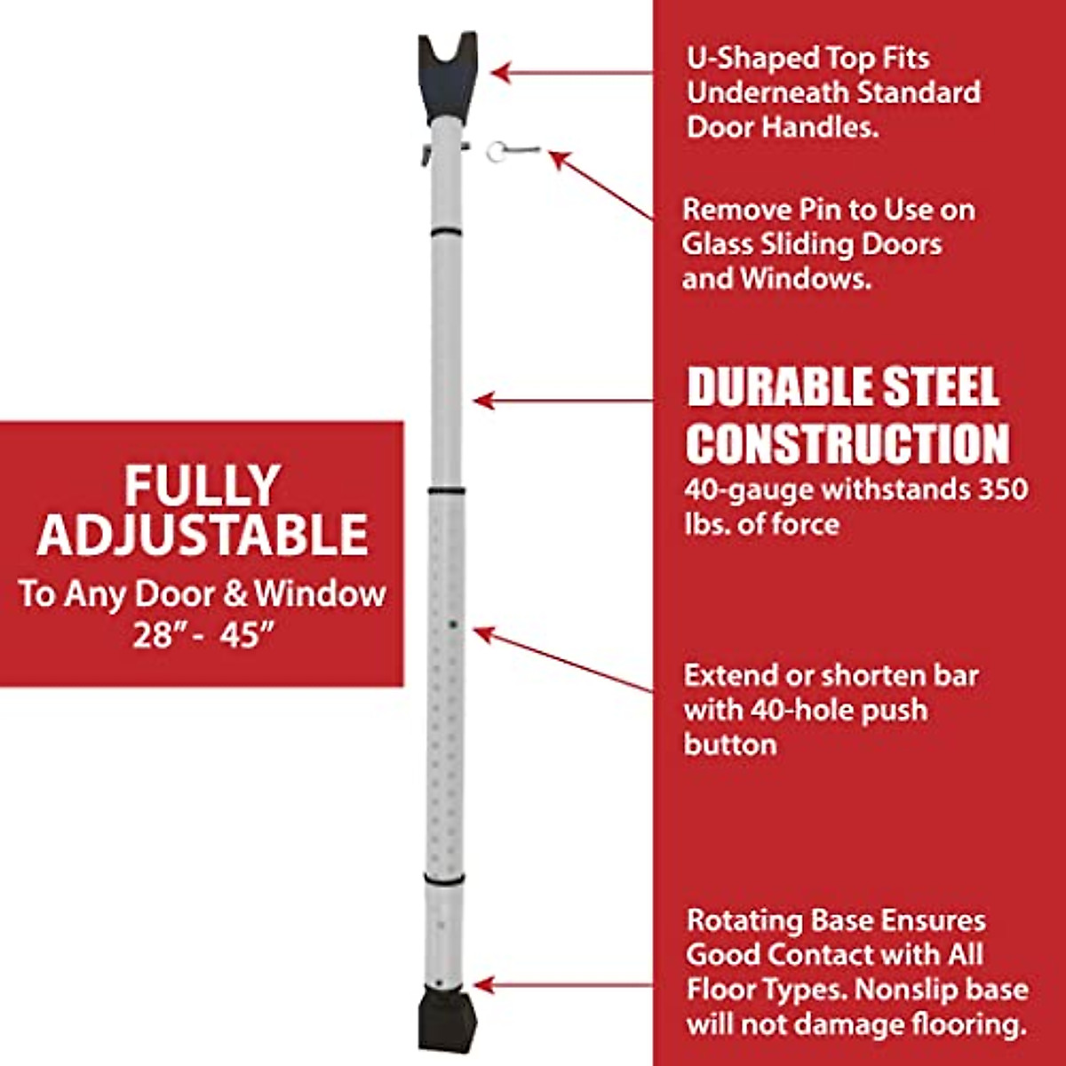 Product Trend Dual Security Bar, 1-Set Adjustable-Length Portable Strong Door Bar for Hinged and Sliding Patio Doors & Windows, Home Safety and Travel Security, Extends 28 Inches to 45 Inches, White