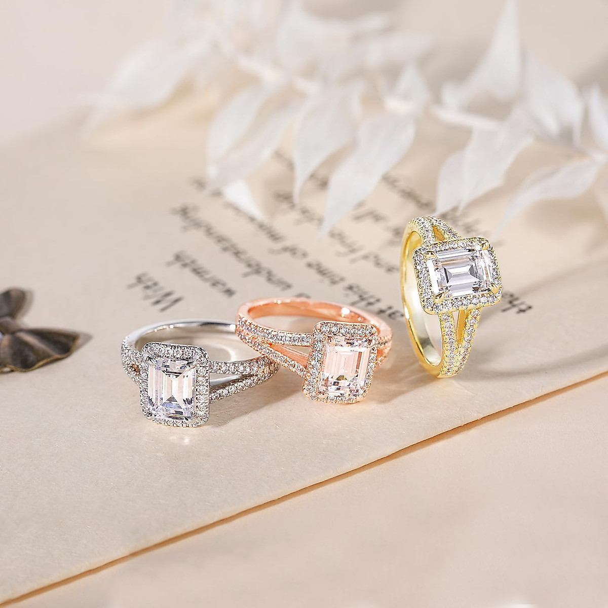 Mameloly 2CT Engagement Rings for Women Emerald Cut Cubic Zirconia Wedding Band Curved Halo Promise Rings for Her Size 6