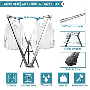 JAUREE 63 Inches Clothes Drying Rack, Stainless Steel Garment Rack Adjustable and Foldable Space Saving Laundry Drying Rack for Indoor Outdoor with 20 Windproof Hooks