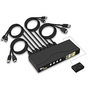 CKLau 4 Port KVM HDMI Switch with Digital Audio Output, All Input Cables and 2 USB 3.0 Hub, 4x1 HDMI KVM Switch USB 3.0 Supports Hotkey Switching, 4K@60Hz, 2K@144Hz, EDID