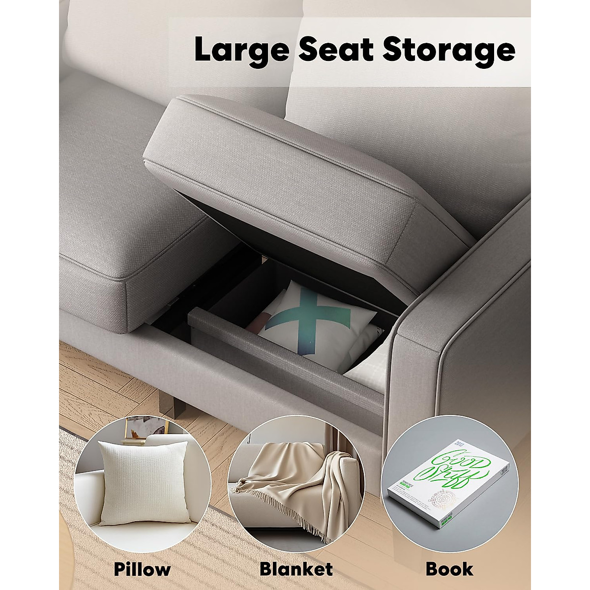 Small Modern Loveseat Couch Sofa - Fabric Upholstered 2 Seat Sofa, Solid Wood Leg, Ultra Thick Cushion, Seats Storage, Compact Small Space Furniture, Living Room, Apartment, Light Gray