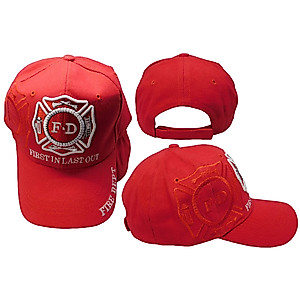 Trade Winds Fire Department Dept First in Last Out Red with Red Shadow Cotton Adjustable Embroidered Baseball Hat Cap, Black, 7 3/4