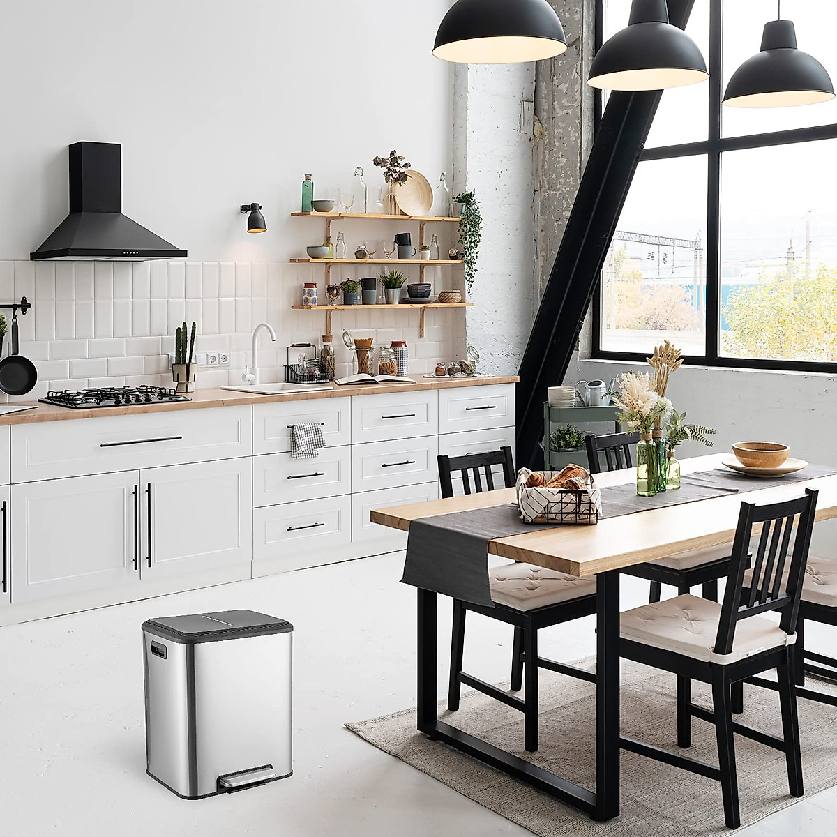 Fashionwu Dual Trash Can, Stainless Steel 2 x 4 Gal (2 x 15L) Garbage Can, Steel Pedal Recycle Bin with Lid and Inner Buckets, Rectangular Hands-Free Kitchen Trash Can