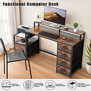 TOPSKY Compact Computer Desk with Storage Shelf/Cloth File Drawer for Letter Size/Monitor Stand Study Table for Home Office (Rustic Brown, 61.6 inch)
