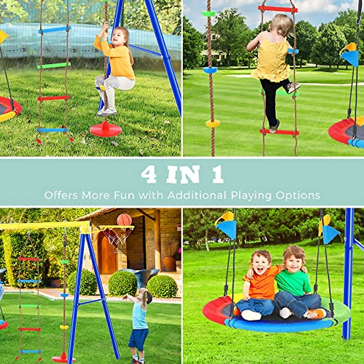 4 in 1 Outdoor Toddler Saucer Swing Set for Backyard, Playground Tree Swing Sets with Steel Frames, Climbing Rope with Disc Tree Swing Playset and Basketball Hoop for Kids