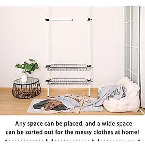 Hershii Adjustable Clothes Hanging Rail Heavy Duty Indoor Garment Rack Shelf Tidy Poles Floor to Ceiling Telescopic Closet Wardrobe Organizer Height 110-310cm, White, with Storage Basket