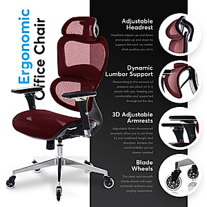 Oline ErgoPro Ergonomic Office Chair - Rolling Desk Chair with 4D Adjustable Armrest, 3D Lumbar Support and Blade Wheels - Mesh Computer Chair, Gaming Chairs, Executive Swivel Chair (Burgundy Red)