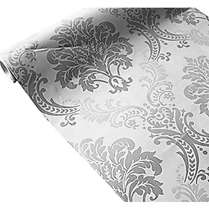 Yija Vintage White - Silver Floral Damask Wallpaper Vinyl Peel Stick Dresser Dresser Drawer Kitchen Adhesive Paper Sticker 17.7inch by 98inch