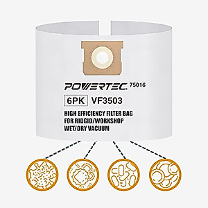 POWERTEC 6PK VF3503 Size B Replacement Bags for Ridgid 6-9 gallon Wet/Dry Vacs, Ridgid Shop Vac Bags, Fits WD5000, WD5500, WD0970, WD0975, WD0670, WorkShop WS32090F2 (75016-P3)