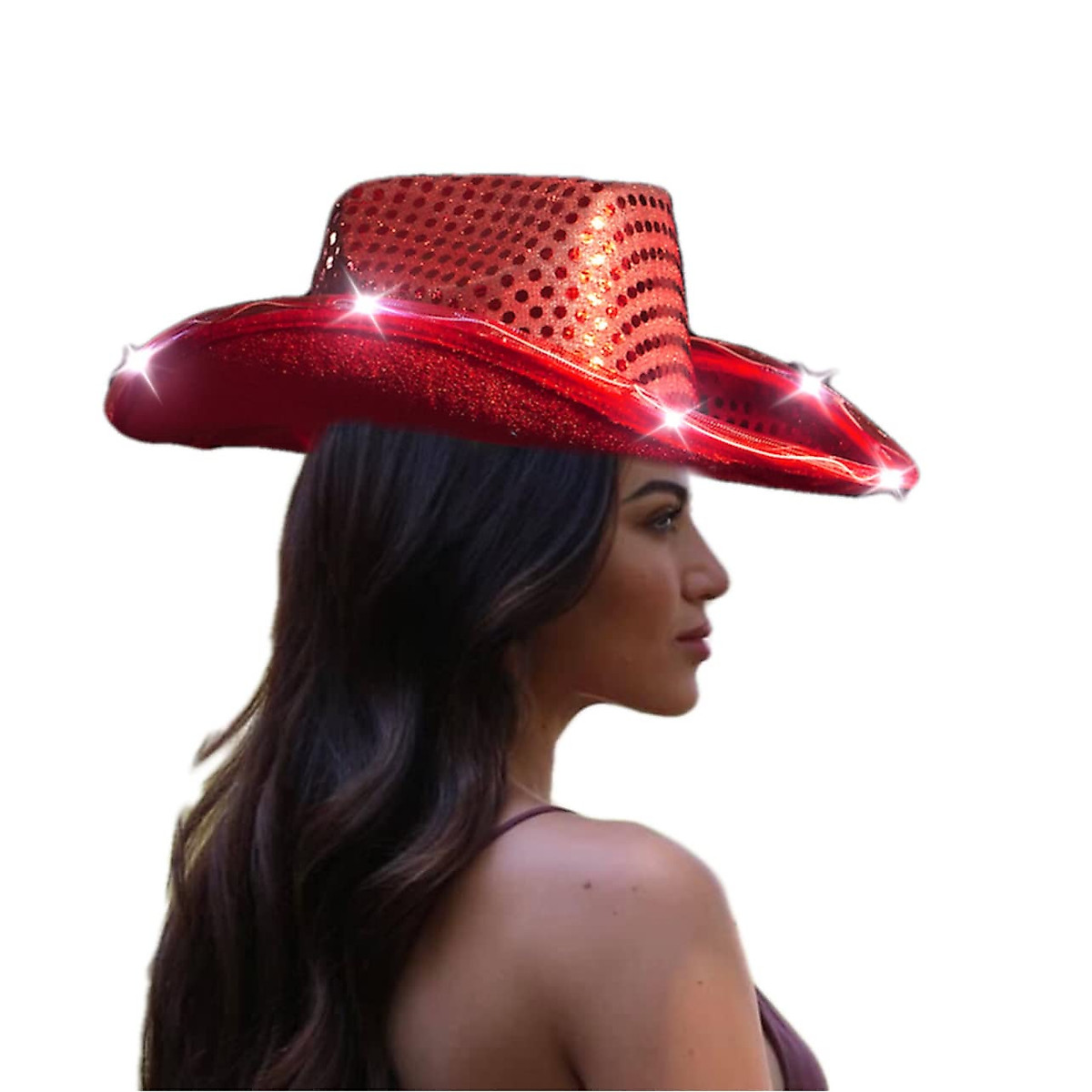 blinkee Sparkling LED Cowboy Hat with Red Sequins - Perfect for Rodeos and Festivals - 8 Radiant Red Lights