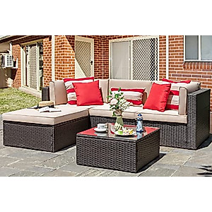 Vongrasig 5 Piece Patio Furniture Sets, All-Weather Brown PE Wicker Outdoor Couch Sectional Patio Set, Small Patio Conversation Set Garden Patio Sofa Set w/Ottoman, Glass Table, Red Pillow, Beige