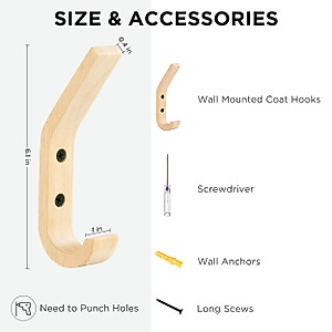 UBTKEY 4 Pack Wooden Coat Hooks Wall Hooks for Hanging, Natural Oak Wood Coat Hooks Wall Mounted Heavy Duty Entryway Hooks for Hanging Coats