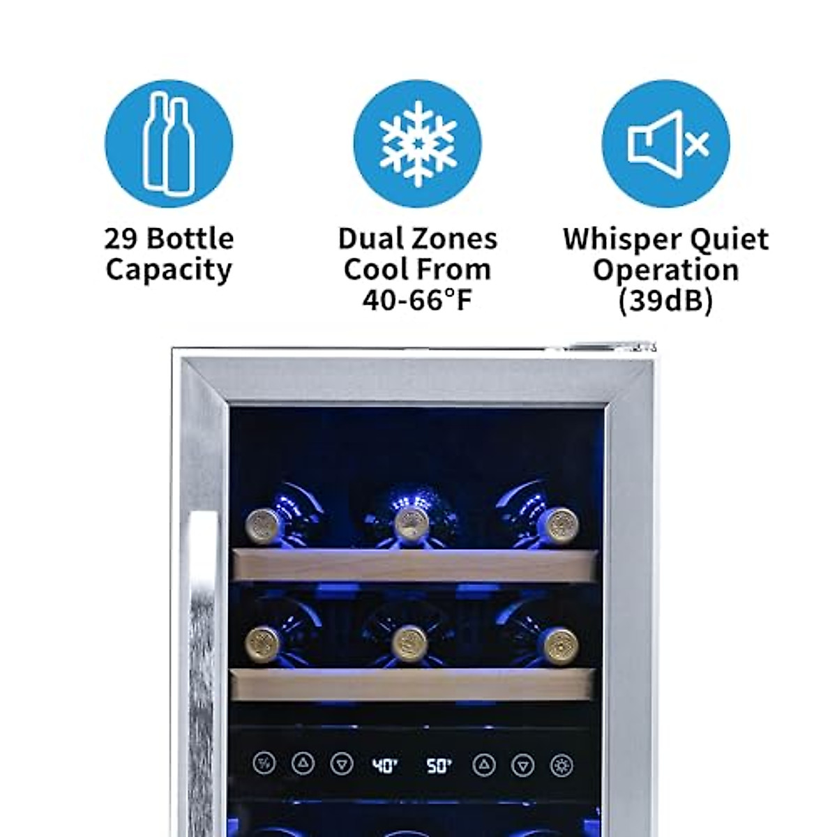 NewAir 15" Built-in or Freestanding 29 Bottle Dual Temperature Zone Wine Fridge, Quiet Operation Wine Cooler with Beech Wood Shelves, Stainless Steel Wine Cellar for Red, White, and Sparkling Wine