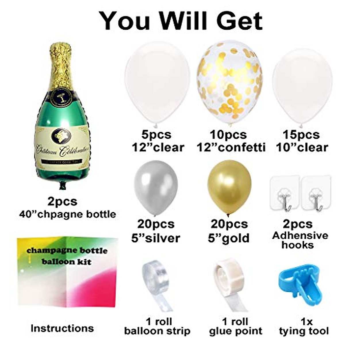 Champagne Bottle Balloon Kit, 2Pcs 40" Champagne Bottle Balloon & 70Pcs Assorted Balloons Ideal for Wedding Birthday Bachelorette Bridal Shower Party Decorations
