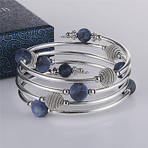 PEARL&CLUB Beaded Chakra Bangle Turquoise Bracelet - Fashion Jewelry Wrap Bracelet with Thick Silver Metal and Mala Beads, Birthday Gifts For Women (63-Navy Blue)