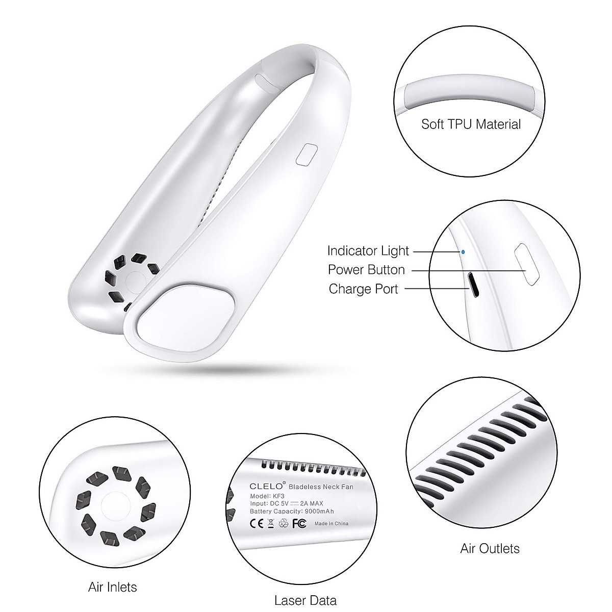 CLELO Neck Fan, Portable Fans Rechargeable Long Battery Life Quiet Cooling USB Powered Desk Fan, 3 Speeds with USB-C Charge Port (White)