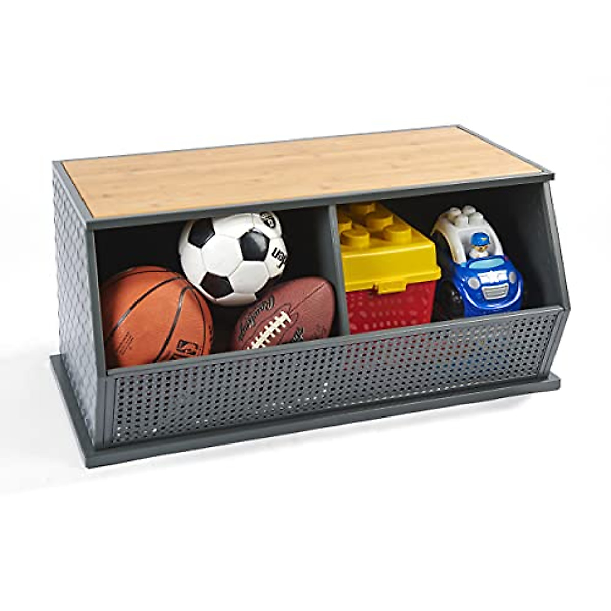 Badger Basket Metal and Bamboo Two Bin Stackable Charcoal/Natural Toy Storage Cubby