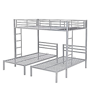 DEYOBED Full Over Twin & Twin Metal L-Shaped Triple Bed Bunk Bed with Built-in Shelf and 2 Ladders - Space-Saving and Organized Sleep Space for Kids, Teens, Adults