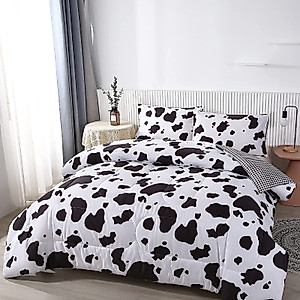 Mengersi Cow Print Bedding Comforter Set King Bed,Black and White Reversible Milk Geometric Checkered Bedding Sets for Kids Boys Aduls Toddler