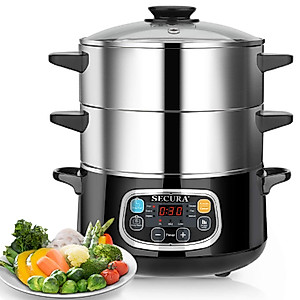 Secura Electric Food Steamer, Vegetable Double Tiered Stackable Baskets with Timer 1200W Fast Heating Stainless Steel Digital Steamer 8.5 Quart
