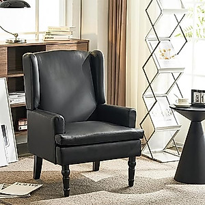 LOVSPATIO Faux Leather Accent Chair, Mid-Century Upholstered Living Room Chairs, Comfy Single Recliner Sofa with Arm and Wood Legs for Bedroom Waiting Room Office - Black