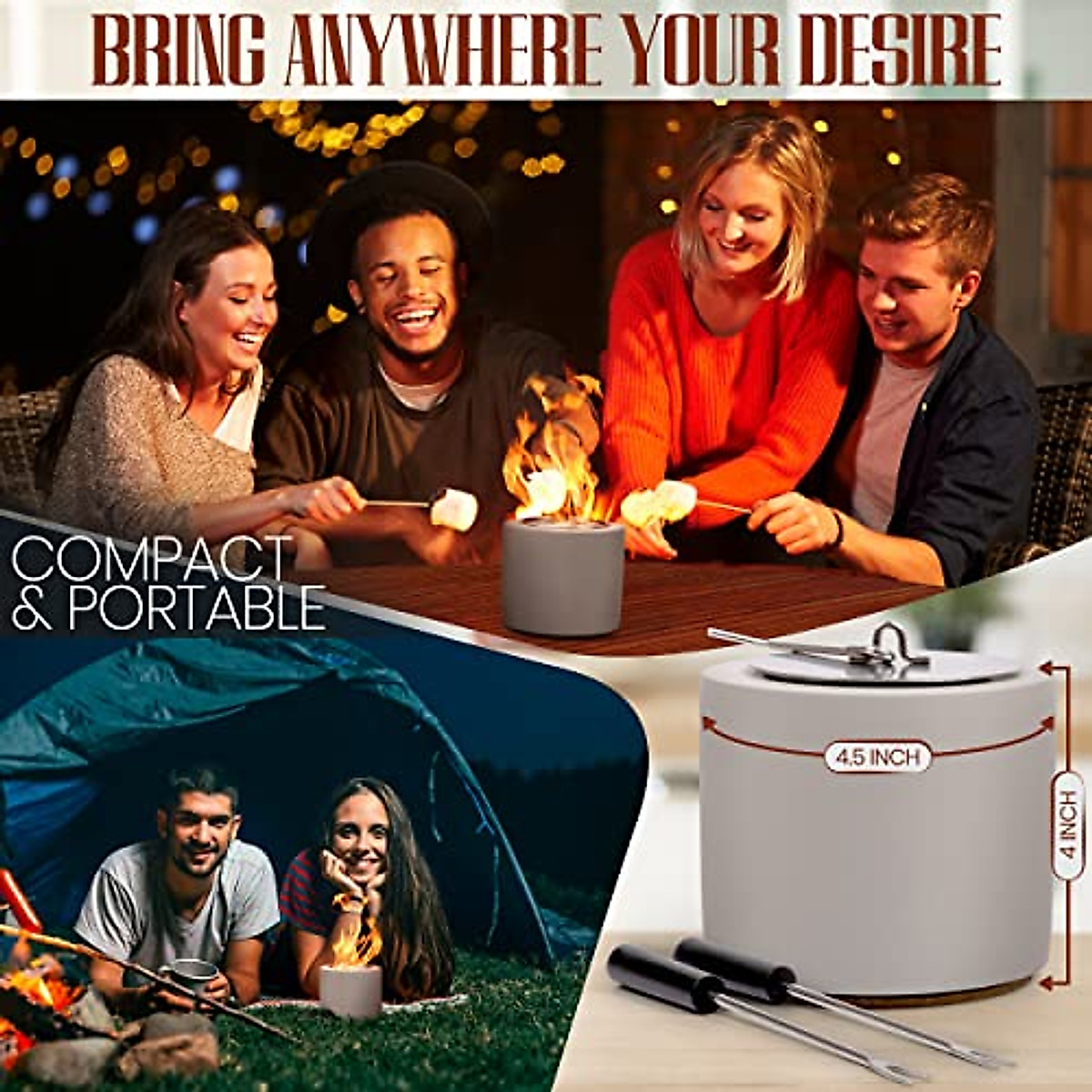 Tabletop Fire Pit, Fire Bowl with 2 Roasting Sticks | Small, 91% Isopropyl Alcohol Mini Fire Pits for Balcony, Patio Décor -Portable Fire Pit for Camping and Hiking | Smores Kit