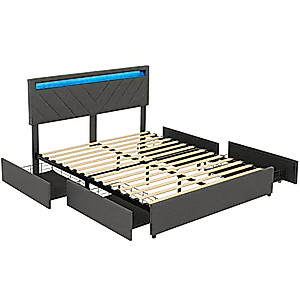 Tiptiper Full Size Bed Frame with LED Headboard, 2 USB Charging Station, Platform Bed Frame with Storage Drawers, No Box Spring Needed, Easy Assembly, Dark Grey