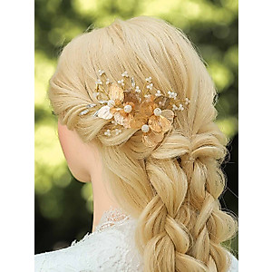 Catery Flower Bride Wedding Hair Vine Gold Floral Headband Pearl Bridal Headpiece Head Piece Hair Band Hair Accessories for Women and Girls