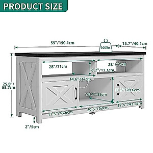 YITAHOME Farmhouse TV Stand for 65 inch with Power Outlet, Mid Century Modern Wood TV Table Media Console with Storage Cabinet and Open Shelves for Living Room, Bedroom, Black/White