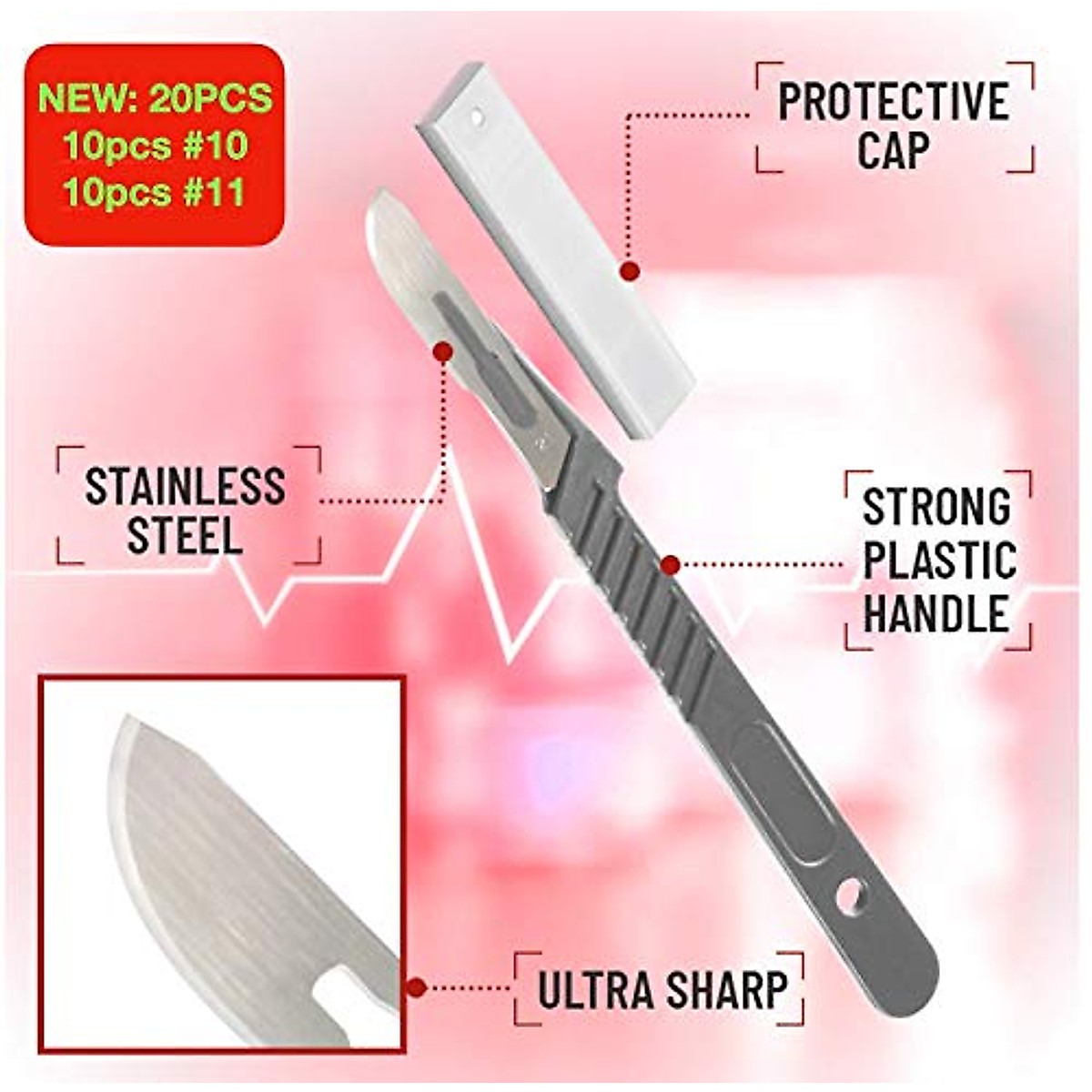 MedHelp Disposable Scalpels #10 + 11 ● Box of 20 Disposable Dermaplaning Blades with Plastic Handle, Scalpel Blades, High Carbon Steel Dermablade Blades Individually Wrapped Sterile