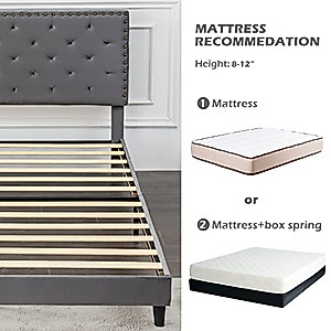 GAZHOME Twin XL Velvet Bed Frame, Upholstered Platform Bed with Adjustable Tufted Headboard, Rivet Ornament, Wood Slat Support, No Box Spring Needed, Easy Assembly, Grey