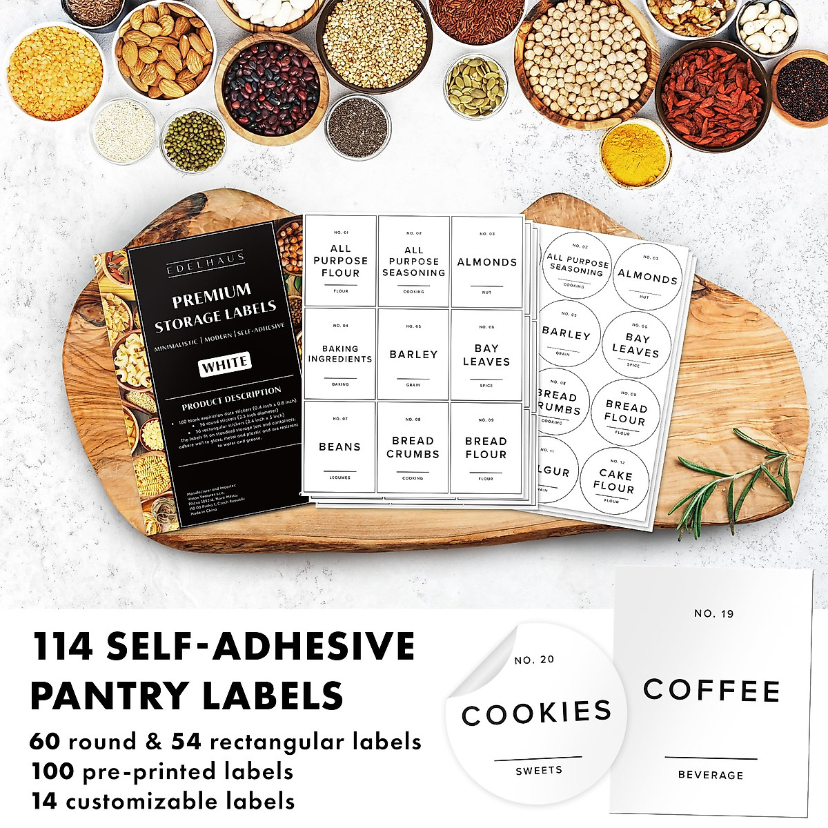 Square Glass Storage Containers with Bamboo Lids 12-Pack (4x 30 oz, 8x 17 oz) Airtight Storage Jars with Lids for Food, Stackable Kitchen Canisters with 114 Labels for Pantry [Thicker Glass 3mm]