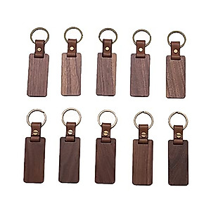 POVOKICI 10 Pack Blank Wood Keychain, Rectangle Walnut Keychains with Leather Strap, Personalized Key Tags for DIY Car Ornament Gift, Key Ring Gift Craft for Birthday, Engraving Gift