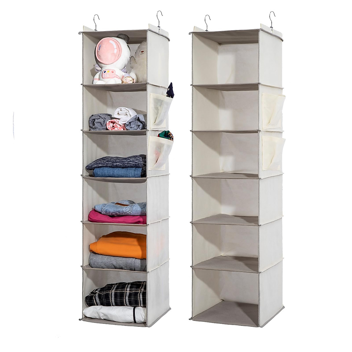 YRCBEHFU 2 Packs Hanging Closet Organizer, 6-Shelf Closet Organizers and Storage with Side Pockets, Collapsible Hanging Shelves for Closet & RV & College Dorm,Beige