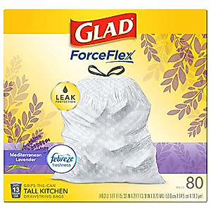 Glad ForceFlex Tall Kitchen Drawstring Trash Bags 13 Gallon White Trash Bag, Mediterranean Lavender scent with Febreze Freshness 80 Count (Package May Vary)