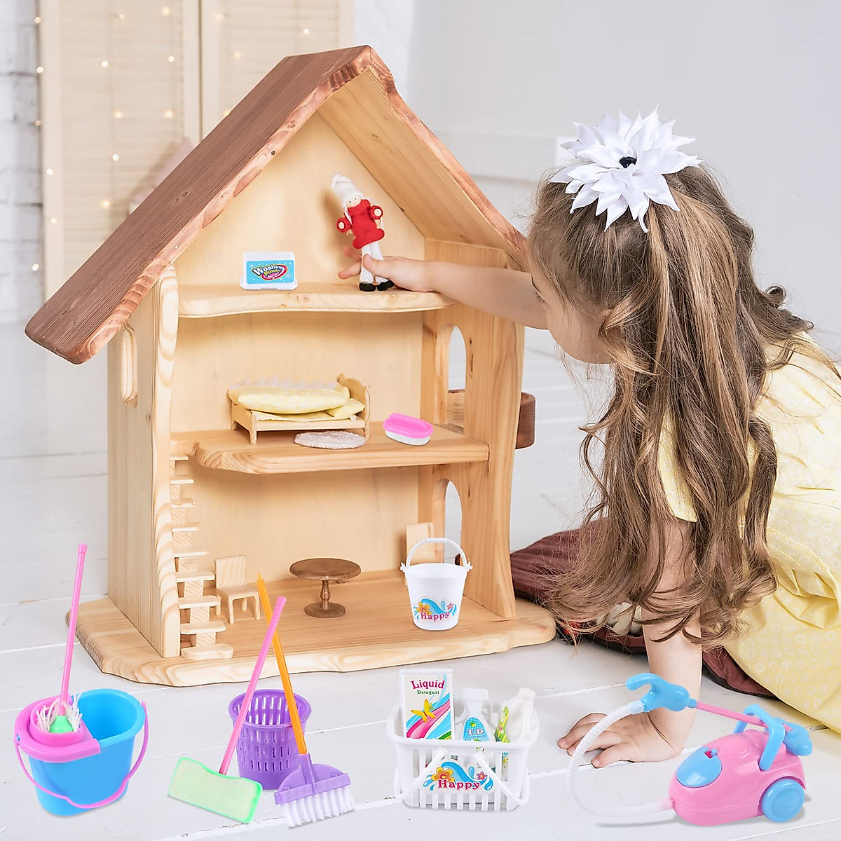 16 Pcs Miniature Dollhouse Cleaning Supplies Mini Bucket Mop Dust Pan Brush Broom Mini Housework Cute Cleaning Supplies Tools Miniature Furniture Dollhouse Decoration Accessories