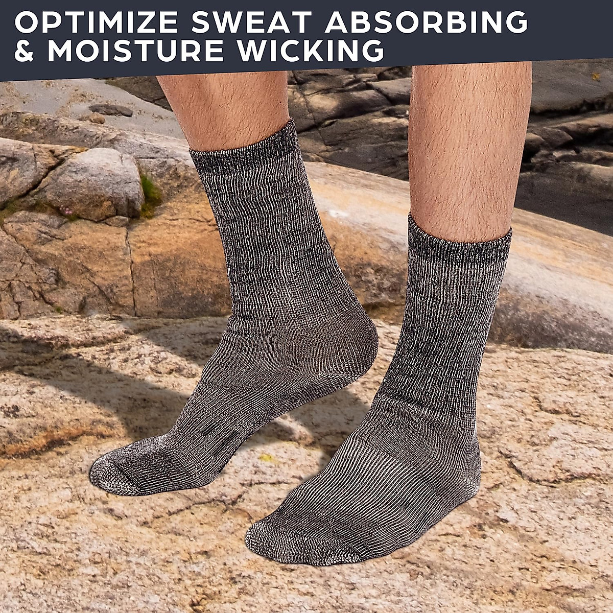 3 Pairs Thermal 80% Merino Wool Socks Hiking Crew, black, gray, brown, men’s shoe size 9-12, women’s 11-13