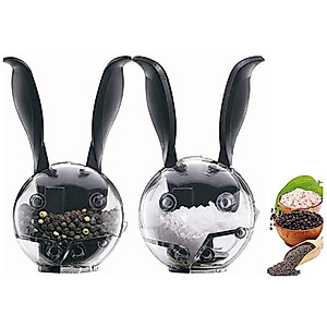 RROAD Manual Salt and Pepper Mill Set ，Mini Manual Black Pepper Grinder Multifunction Cruet Spice Grinder Ball Shape Black Rabbit Ears Design Kitchen Tools(2Pcs)