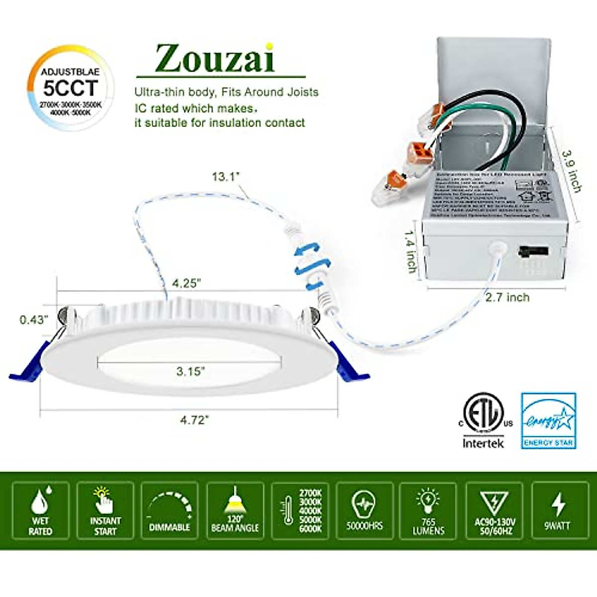 zouzai 12 Pack 4 Inch 5CCT Ultra-Thin LED Recessed Ceiling Light with Junction Box, 2700K/3000K/3500K/4000K/5000K Selectable, 9.5W 80W Eqv, Dimmable, led can Lights - ETL Certified