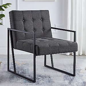 24KF Mid-Century Dark Gray Linen Button Tufted Accent Chair with Metal Stand, Decorative Furniture Chairs for Living Room Bedroom- Dark Gray