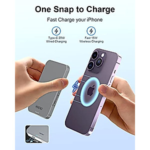 HINOVO Magnetic Power Bank 5000mAh Portable Charger iPhone Compatible for Magsafe 0.35” Battery Pack PD 20W & 15W Wireless Charger for iPhone 14/13/12 Series, Metal Design & Graphene Heat Dissipation