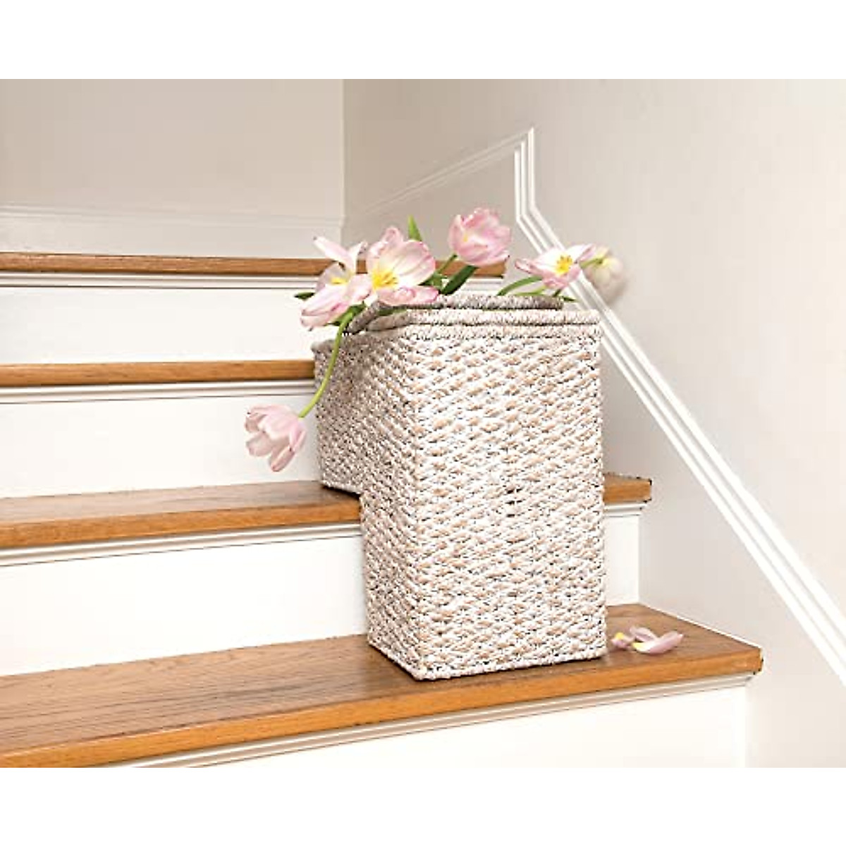 Creative Co-Op Woven Bankuan Rope Stair Basket with Handles, Whitewash Finish