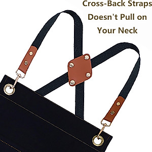 AFUN Chef Aprons for Women Men with Large Pockets, Cotton Canvas Cross Back Water Repellent Work Apron, Size M to XXL (Black)