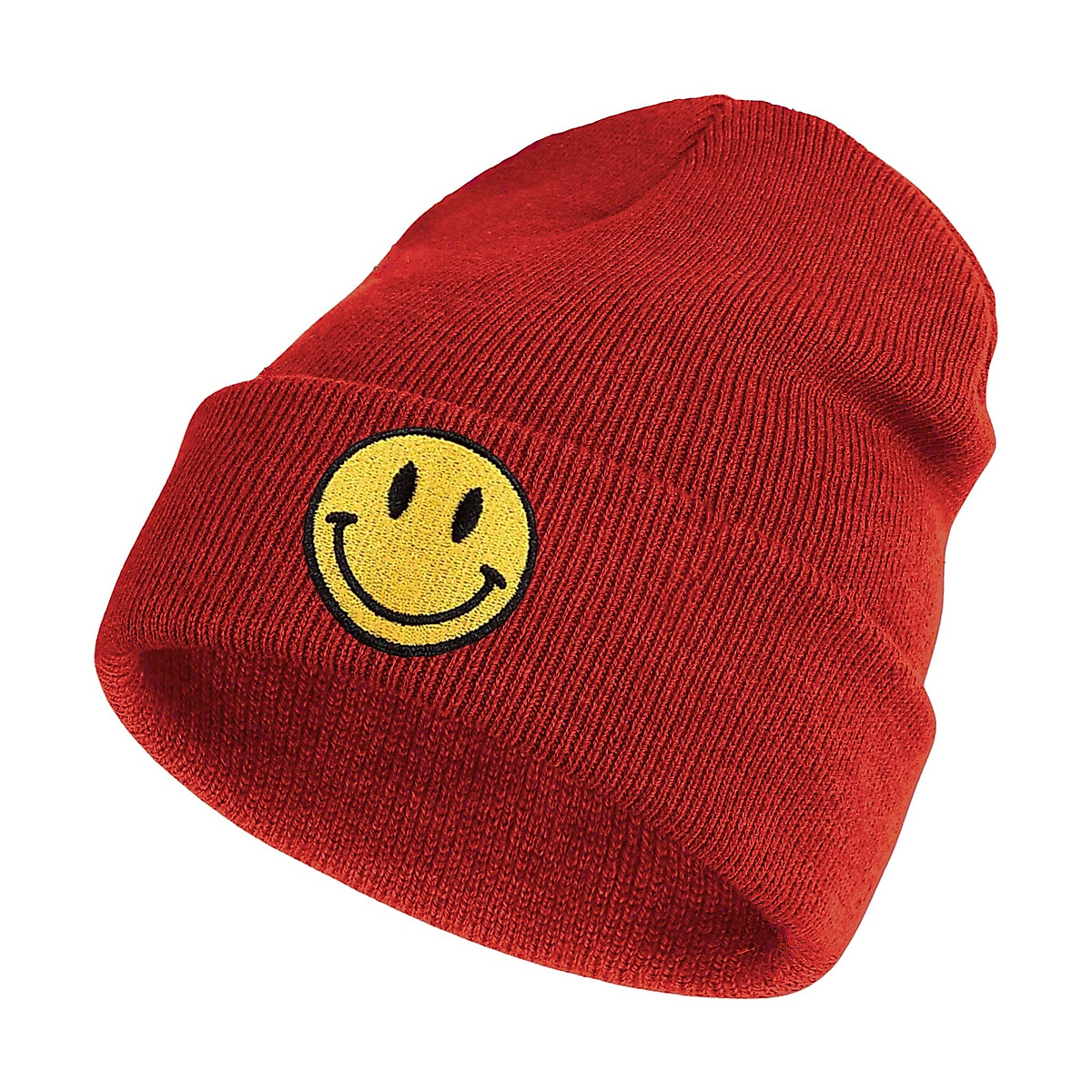 lycycse Womens Beanies for Winter Cuffed Beanie Hats with Smile Face Patch Knit Acrylic Slouchy Beanie Ski Hat Warm Skull Cap Red