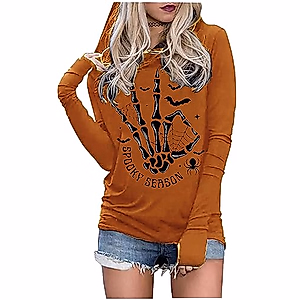 CHUNTIANRAN Halloween Shirts Spooky Season Skeleton Hand Spider Bat Hoodie T Shirts Women Casual Loose-Fit Long Sleeve Pullover Tops(Skeleton Orange-8,Medium)