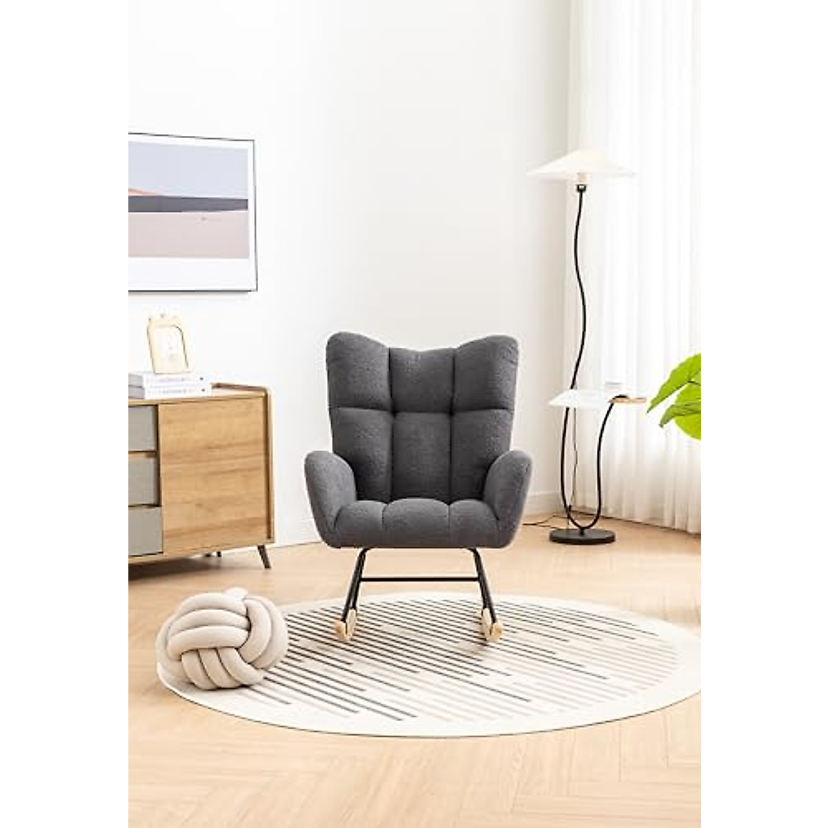 Bellemave Nursery Rocking Chair Teddy Upholstered Glider Rocker Rocking Accent Chair Padded Seat with High Backrest Armchair Comfy Side Chair for Living Room Bedroom Offices（Dark Grey）